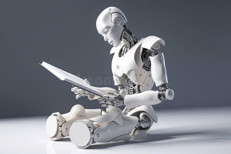 Robot Exploring New Bit Of Information And Reading Book Concept Of Machine Learning Stock