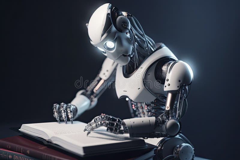Robot Exploring New Bit of Information and Reading Book. Concept of ...