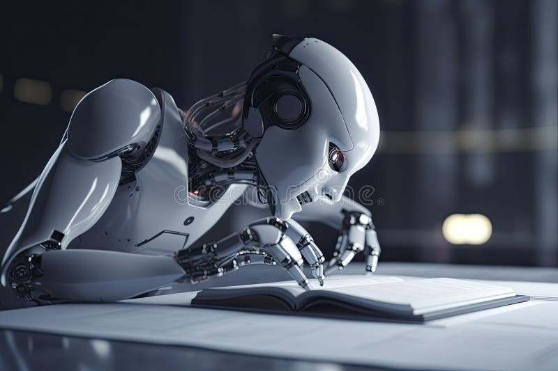 Robot Exploring New Bit of Information and Reading Book. Concept of Machine Learning Stock ...