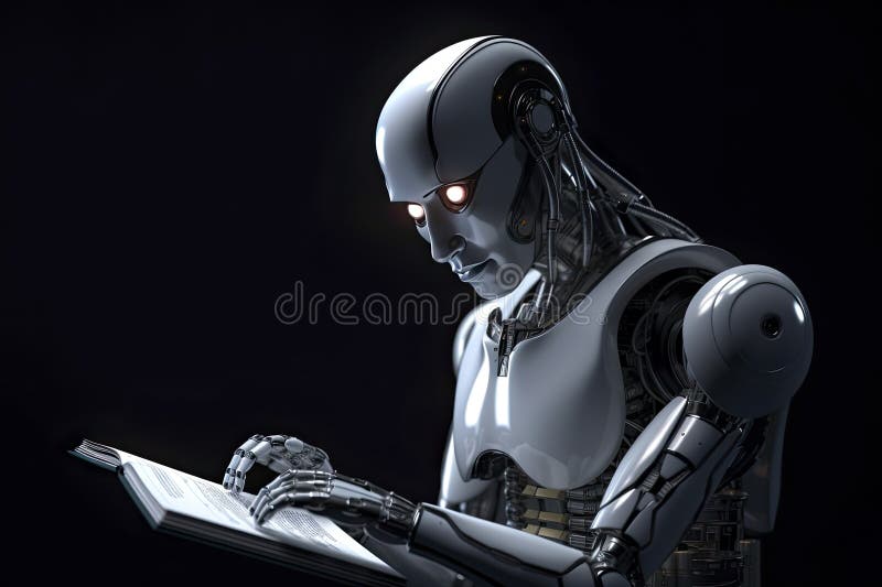 Robot Exploring New Bit of Information and Reading Book. Concept of ...