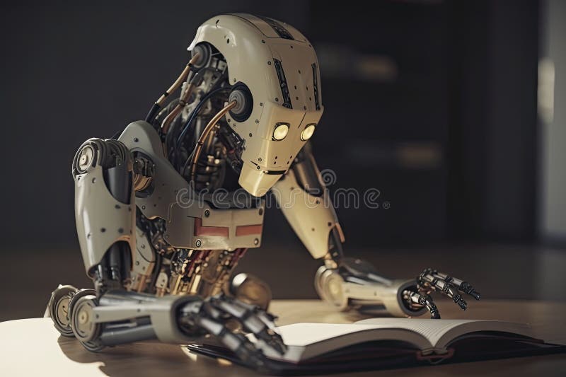 Robot Exploring New Bit of Information and Reading Book. Concept of ...