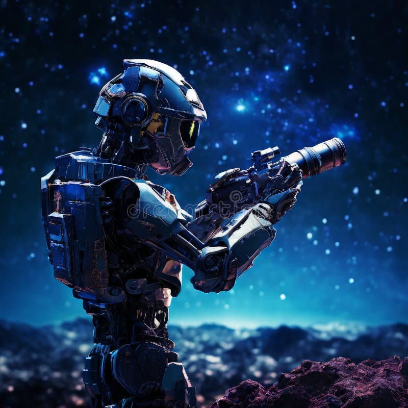 Robot Exploring Space with a Telescope Under a Starry Sky Stock Photo ...