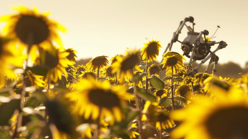 Robot Exploring Sunflower Field in Golden Sunlight Stock Photo - Image ...