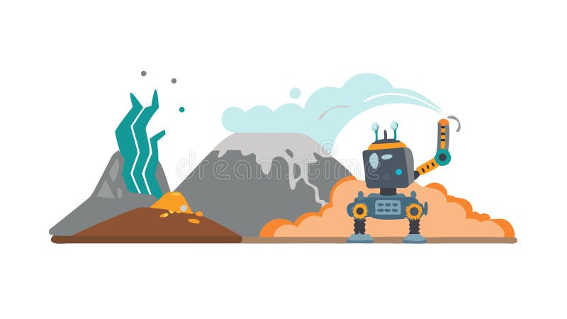 Robot Exploring Volcanic Terrain. AI in Extreme Environments. Vector ...