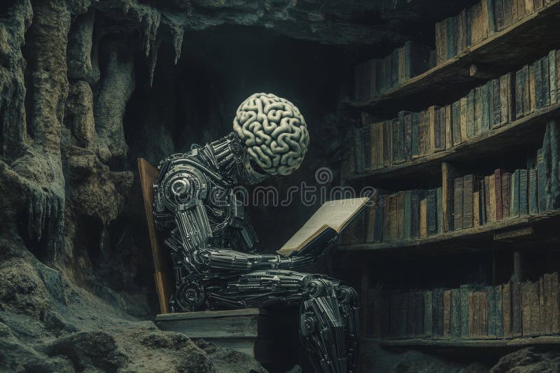Robot with Exposed Brain Reading in a Cave Library Stock Image - Image ...