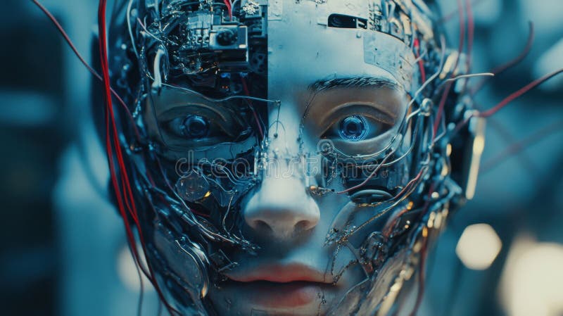 Robot Face with Exposed Wires Symbolizing Futuristic Technology Stock ...