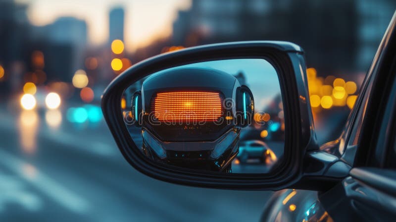 Robot Face Reflected in Rearview Mirror Representing Autonomous Driving ...