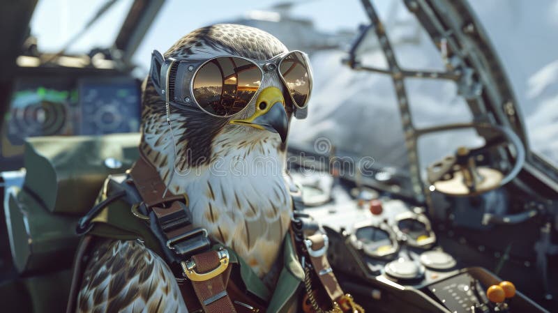 A Robot Falcon with Aviator Goggles Sits in the Cockpit Co Piloting ...