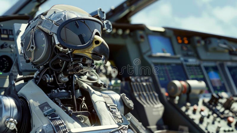 A Robot Falcon with Aviator Goggles Sits in the Cockpit Co Piloting ...