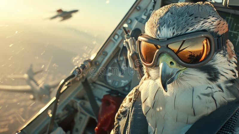 A Robot Falcon with Aviator Goggles Sits in the Cockpit Co Piloting ...
