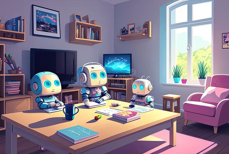 Robot Family Doing Homework. Generative Ai Stock Illustration ...