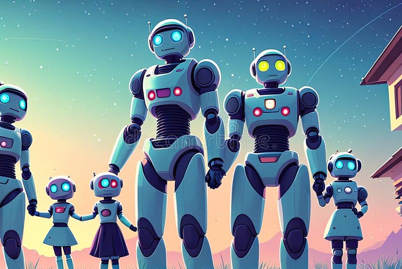 Robot Family Walking Outdoor. Generative Ai Stock Illustration ...
