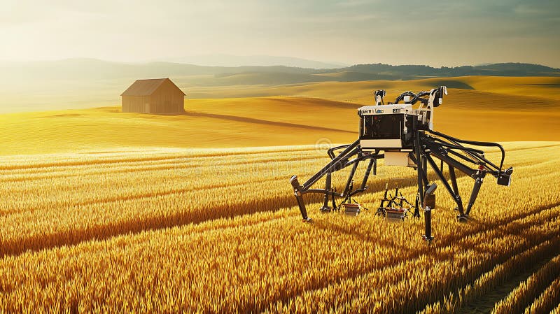 A Robot Farmer Harvesting Ripe Crops in a Golden Field, Using ...