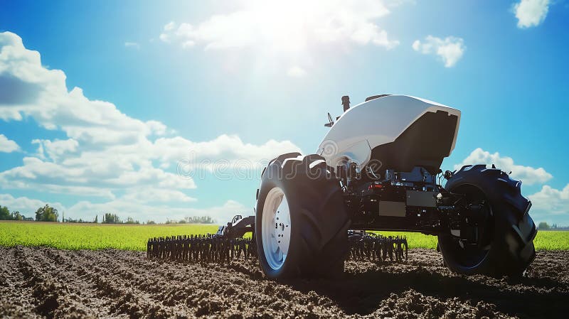 A Robot Farmer Operating a Modern Tractor, Plowing a Field Under a ...