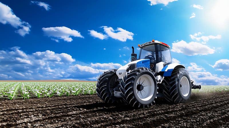 A Robot Farmer Operating a Modern Tractor, Plowing a Field Under a ...