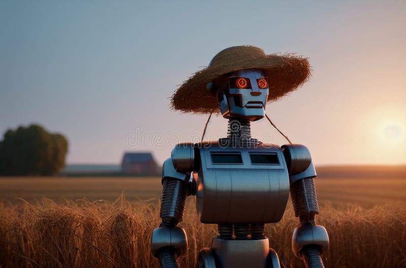 A Robot Farmer with a Straw Hat on His Head in a Field of Wheat with ...