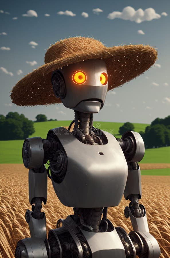 A Robot Farmer with a Straw Hat on His Head in a Field of Wheat with ...