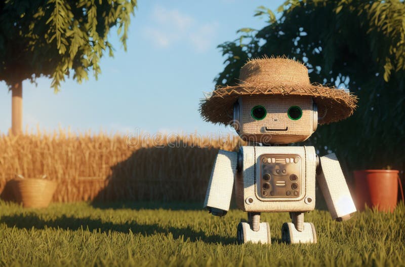 A Robot Farmer with a Straw Hat on His Head in a Field of Wheat with ...