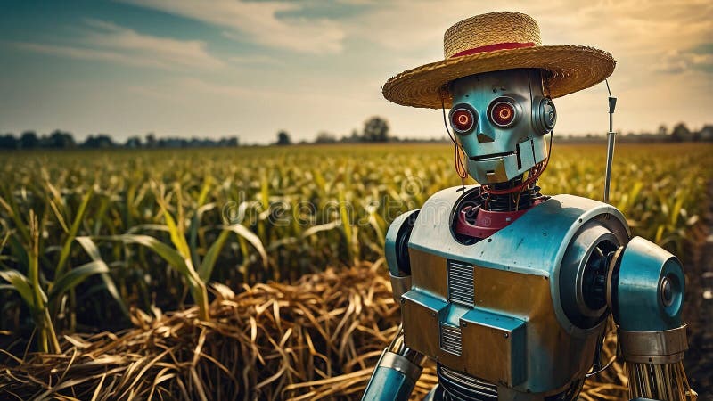Robot Farmer in Straw Hat. Mechanical Cybernetic Machine in Wheat Field ...