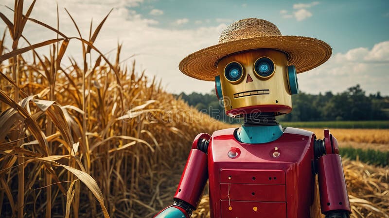Robot Farmer in Straw Hat. Mechanical Cybernetic Machine in Wheat Field ...