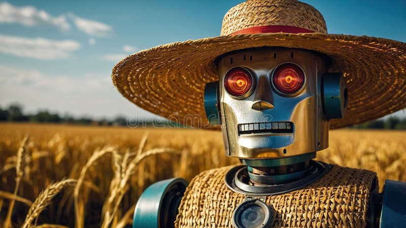 Robot Farmer in Straw Hat. Mechanical Cybernetic Machine in Wheat Field ...