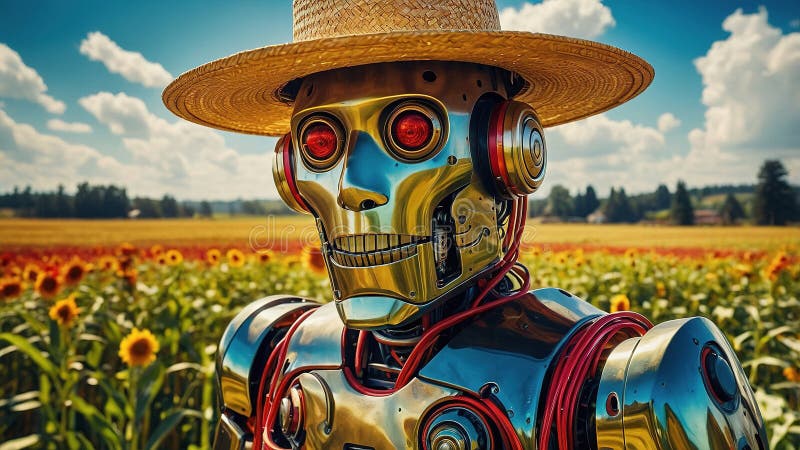 Robot Farmer in Straw Hat. Mechanical Cybernetic Machine in Wheat Field ...