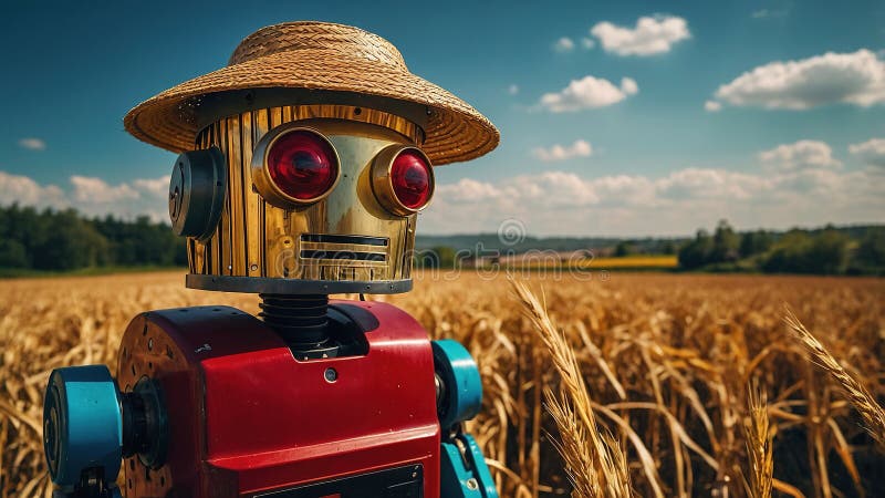 Robot Farmer in Straw Hat. Mechanical Cybernetic Machine in Wheat Field ...