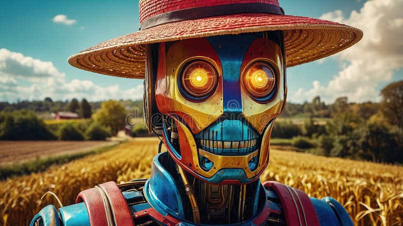 Robot Farmer in Straw Hat. Mechanical Cybernetic Machine in Wheat Field ...