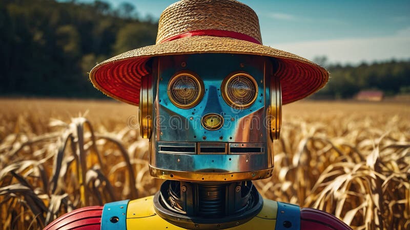 Robot Farmer in Straw Hat. Mechanical Cybernetic Machine in Wheat Field ...