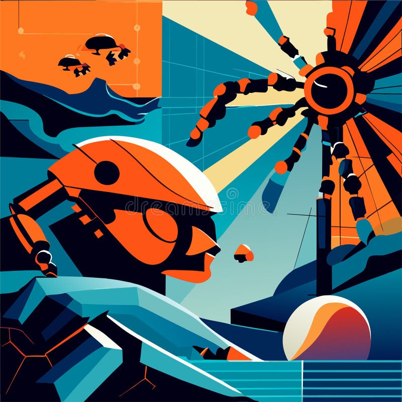 Robot and Ferris Wheel in the Amusement Park. Vector Illustration AI ...