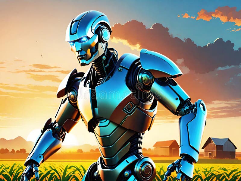 Robot in a Field of Wheat. Future Technology Concept Stock Illustration ...