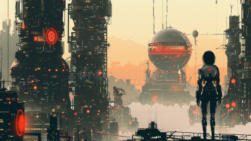 Robot Figure in Futuristic City a Dystopian Sci-fi Scene for Technology ...