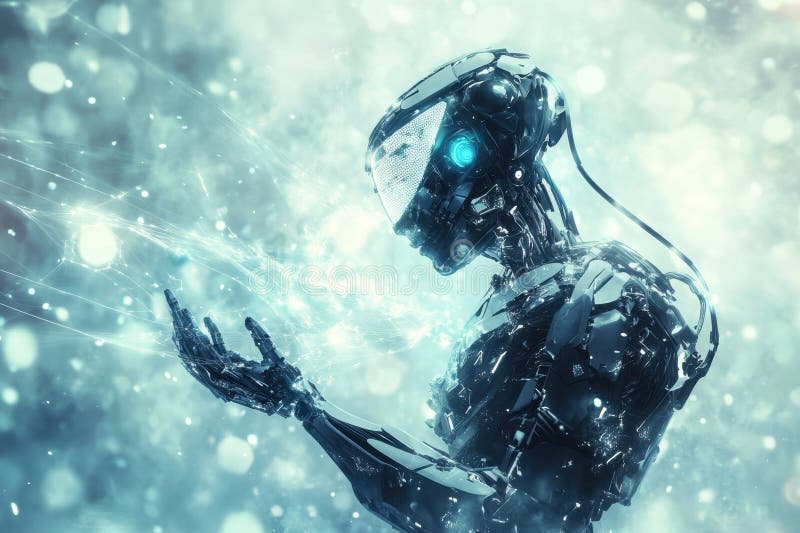 Robot Figure Interacts with Digital Particles in a Futuristic ...