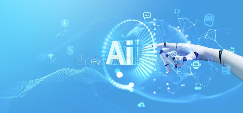 Robot Finger Touch AI Hologram with Virtual Assistant Icons, Bot ...