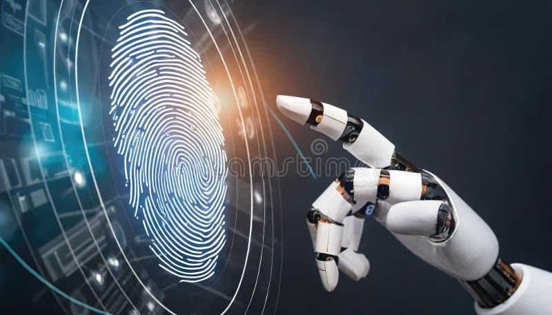 The Robot Finger Touches the Display Digital Data Protection. Generated ...