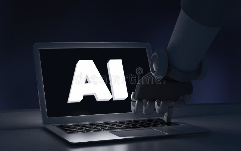 Robot Finger Touching a Laptop Computer with AI Text. Artificial Stock ...