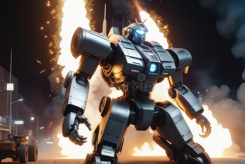 Robot with Fire and Sparks Around Him. Stock Illustration ...