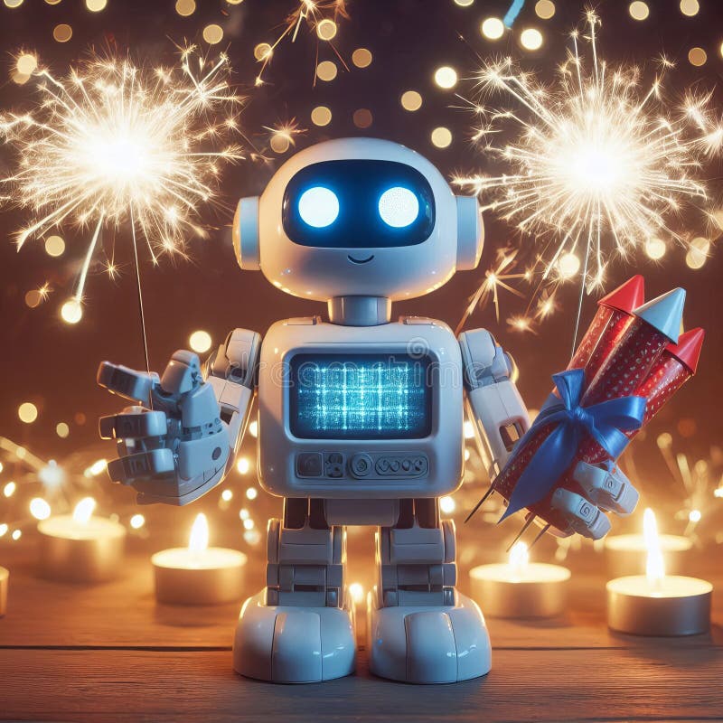 Robot with Fireworks a Robot Holding Fireworks Representing the Stock ...