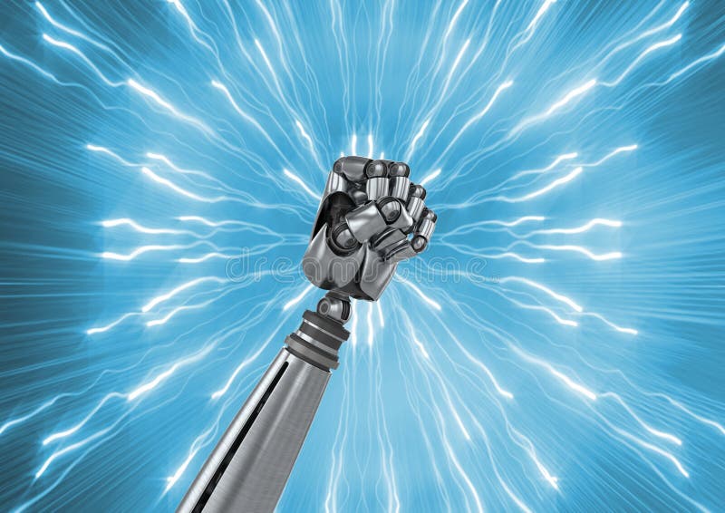 Robot Fist with Sparks Against Blue Background Stock Illustration ...