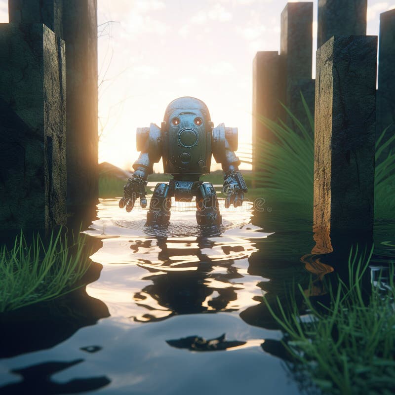 Robot Floating on the Water at Sunset. Stock Illustration ...