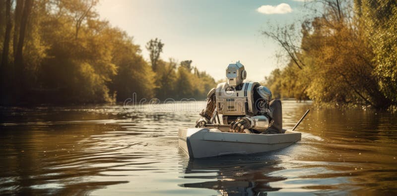 Robot Floats Down the River in a Boat, Generative Ai Stock Illustration ...