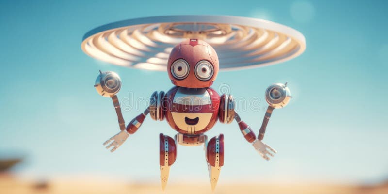 A Robot Flying through the Air with a Flying Saucer in the Background ...