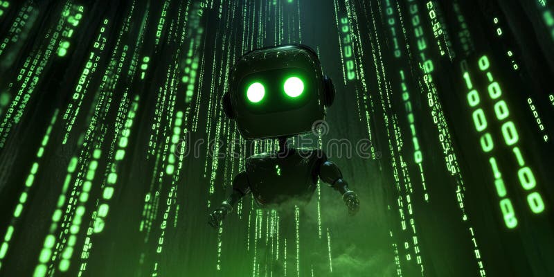 Robot is Flying through a Green, Glowing, Computer Code Stock ...