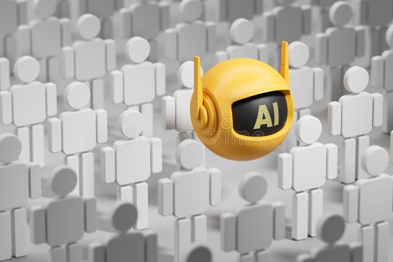 Robot Flying Over People Figures, Artificial Intelligence Replace ...