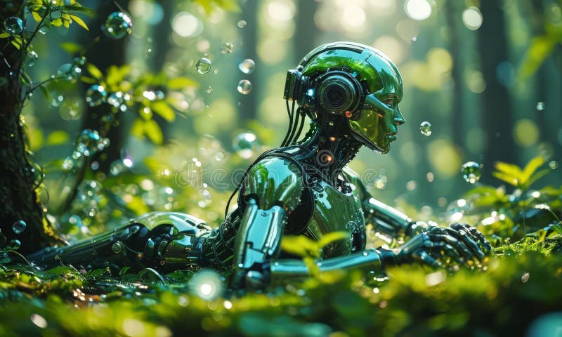 Robot in the forest stock illustration. Illustration of humanoid ...