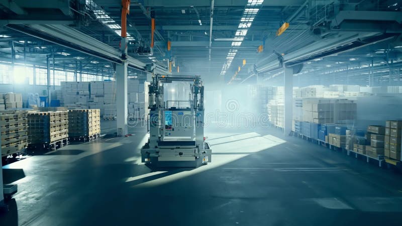 A Robot Forklift Moving through a Spacious Warehouse Aisle Lined with ...