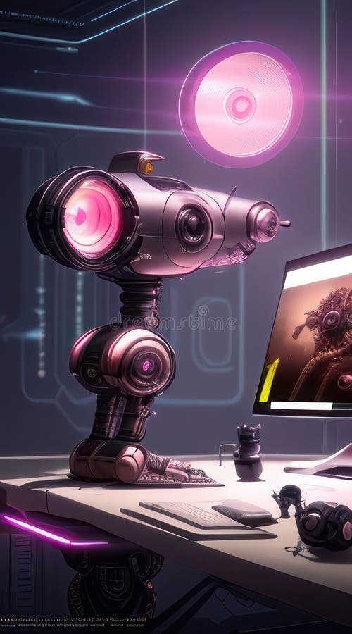 Robot in Front of a Computer Screen. 3D Illustration Stock Illustration ...
