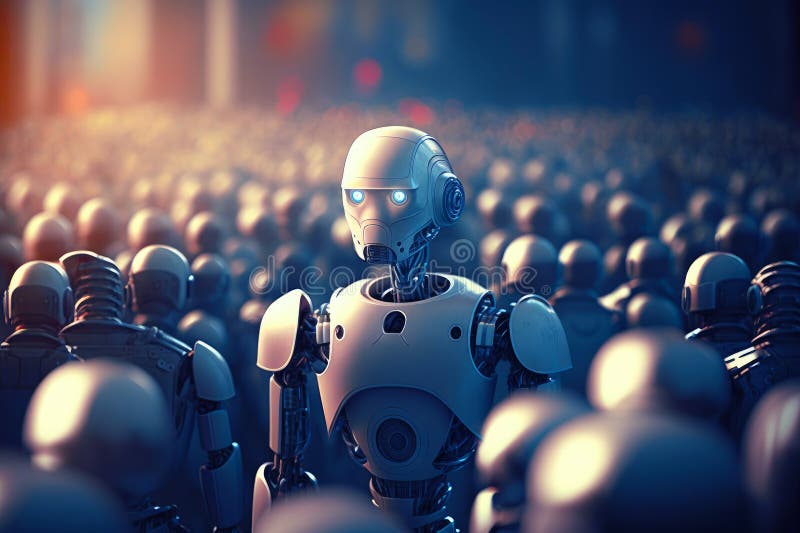 A Robot in Front of a Crowd of Robots. the Robotic Army of the Future ...