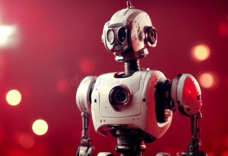 Robot Front Standing Red Background Confident Technology Artificial ...