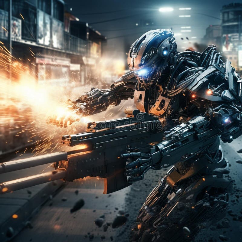 Robot in Full Armor and Weaponry Wielding a Gun and Surrounded by ...